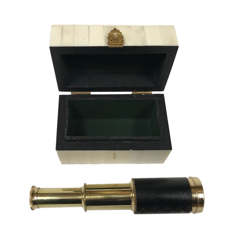 Brass Pocket Telescope & Schooner Scrimshaw Box Set