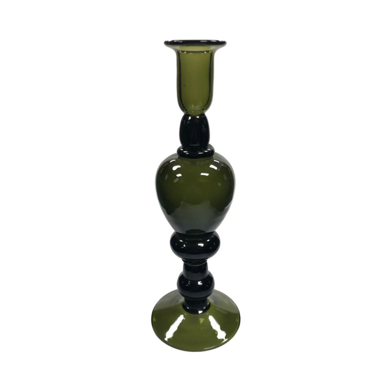 10-3/4" Hand Blown Dark Green Thick Glass Candlestick- Antique Vintage ...